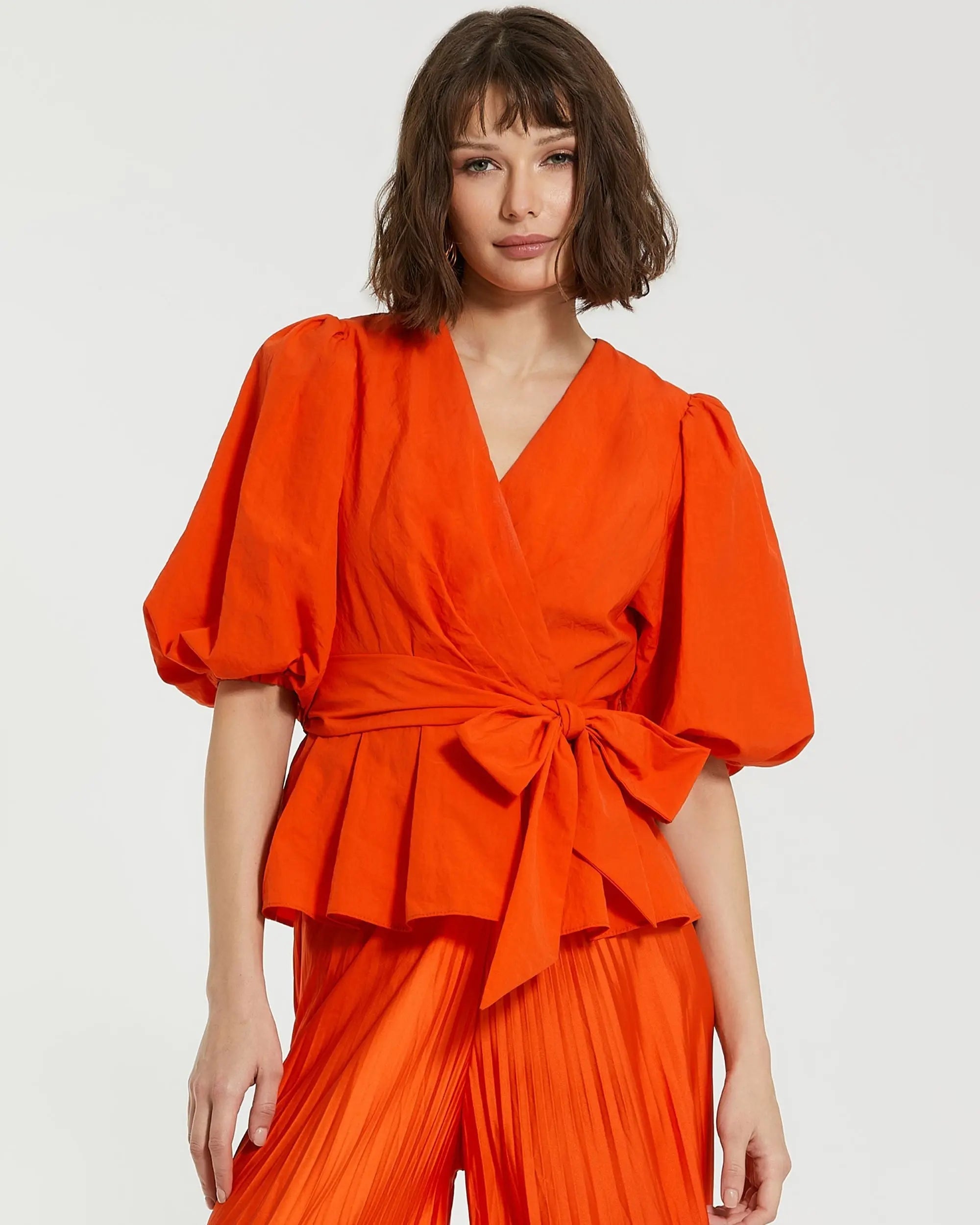 Orange Faille Wrap Over Balloon Sleeve Blouse – kqxnet